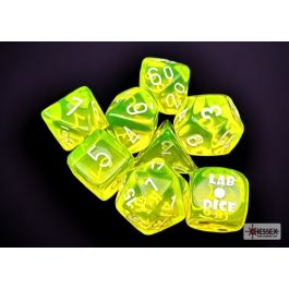 Lab Dice 7: Translucent Polyhedral Neon Yellow/white 7-Die Set